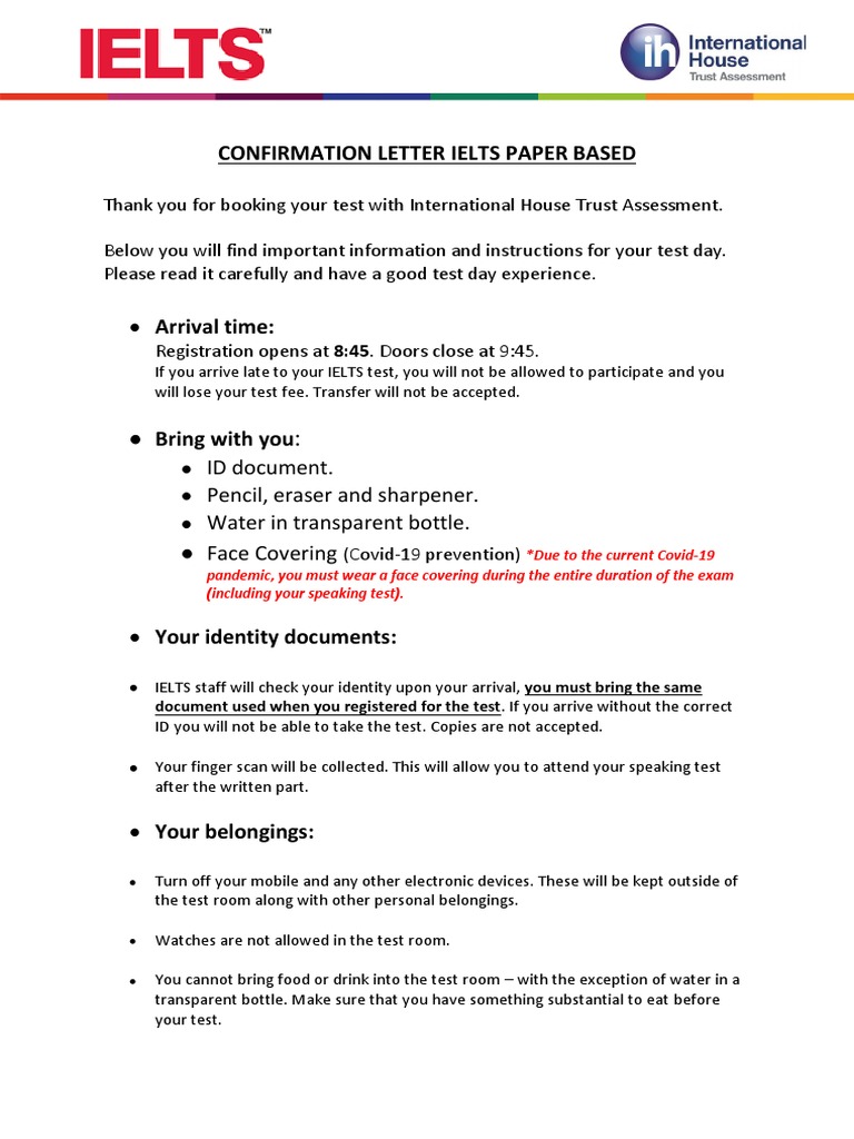 Confirmation Letter Ielts Paper Based | Download Free PDF ...