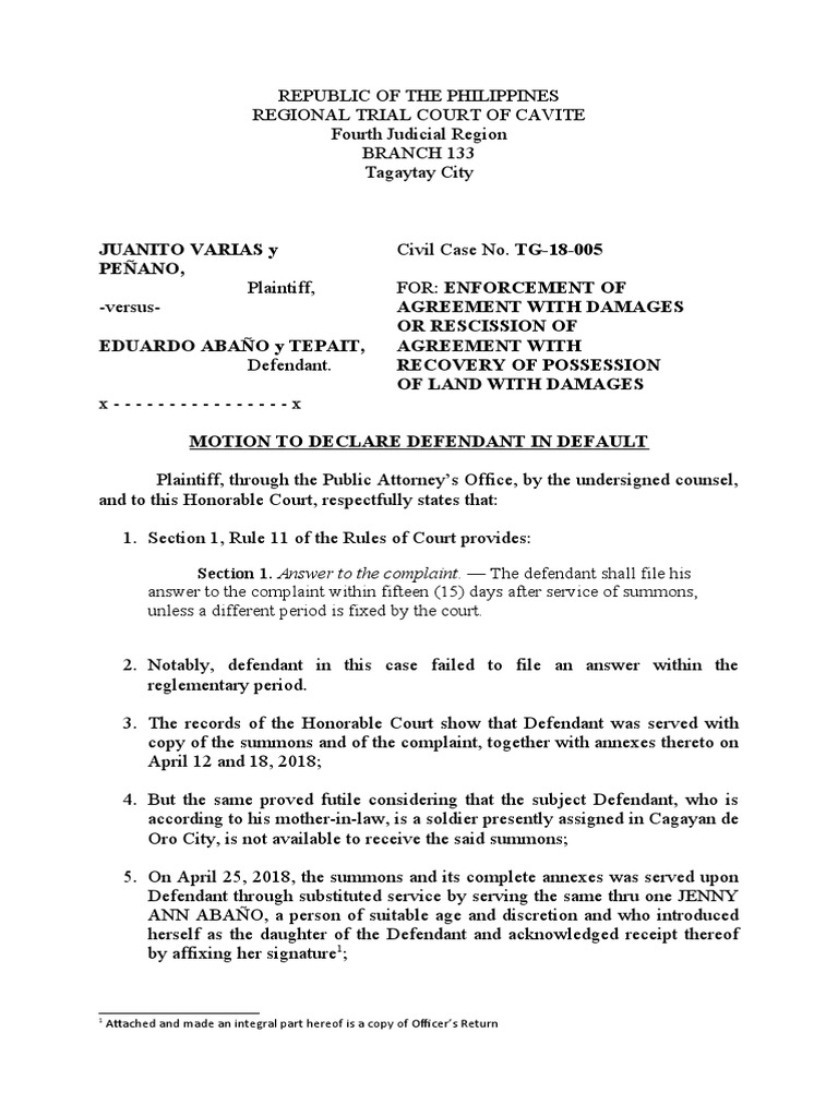 Motion To Declare Defendant in Default | PDF | Complaint | Summons