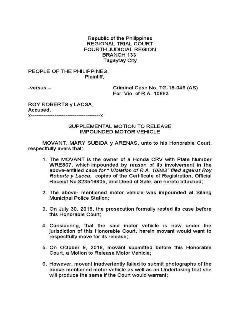 Motion To Release Motor Vehicle | PDF | Courts | Separation Of Powers