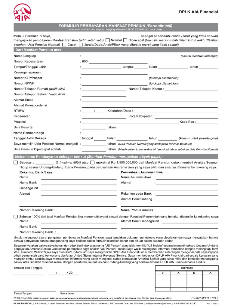 Form Pembayaran Manfaat Pensiun 006 | PDF