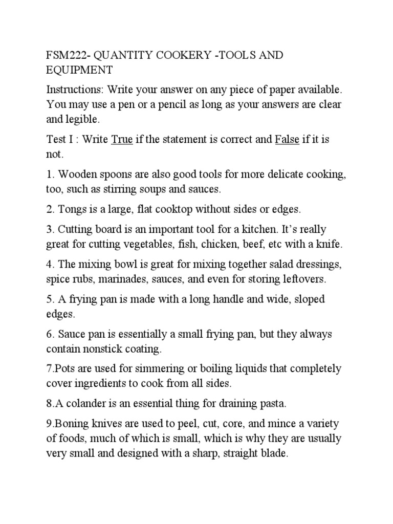 Kitchen Tools and Equipment Quiz | PDF | Cooking | Foods