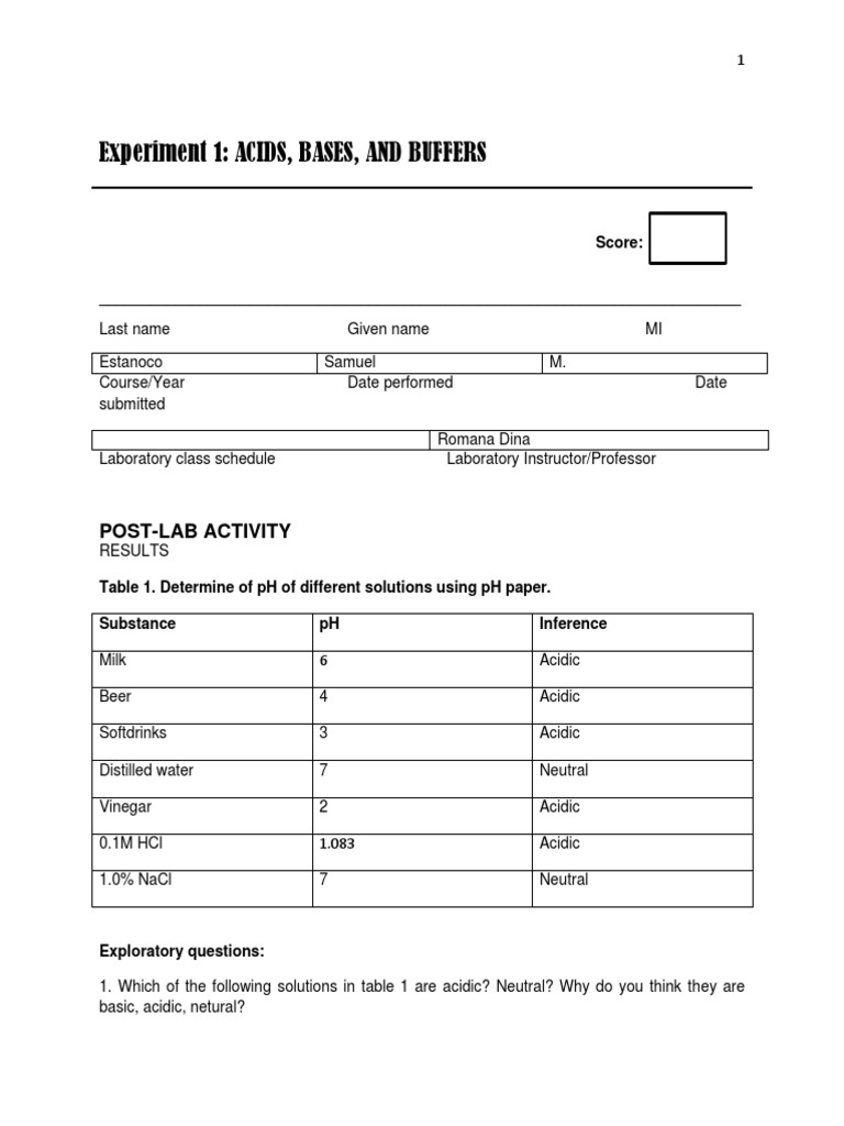 Experiment 1: ACIDS, BASES, AND BUFFERS: Post-Lab Activity | PDF | Ph ...
