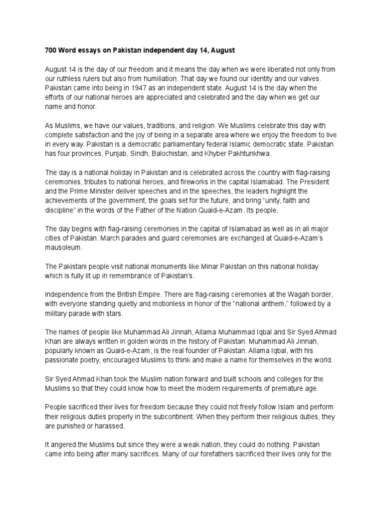 700 Word Essays On Pakistan Independent Day 14, August | Download Free ...