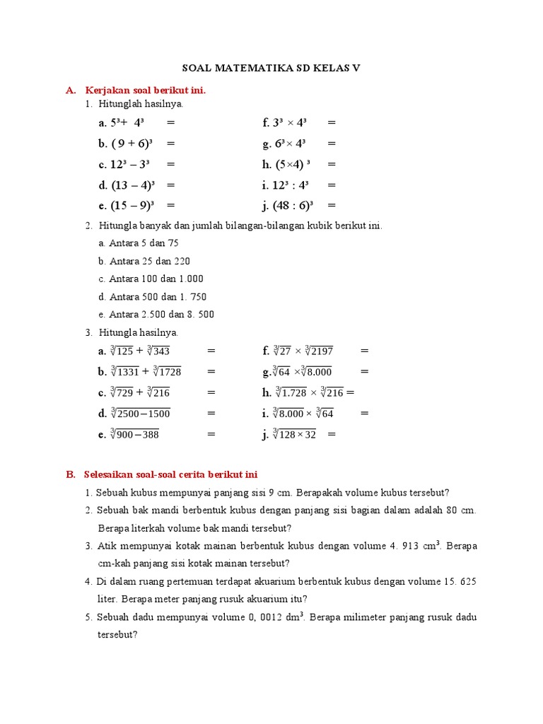 SOAL MATEMATIKA SD KELAS V Pangkat 3 | PDF
