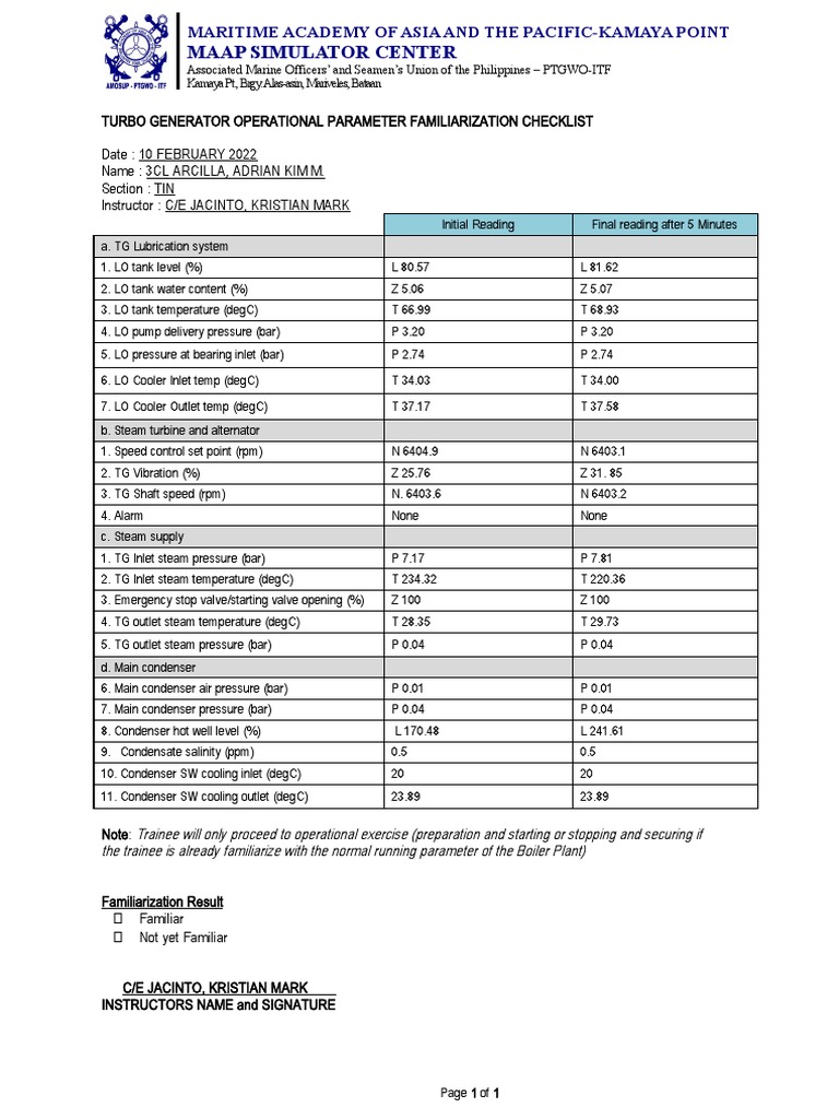 Turbo Generator Operational Parameter Familiarization Checklist | PDF ...