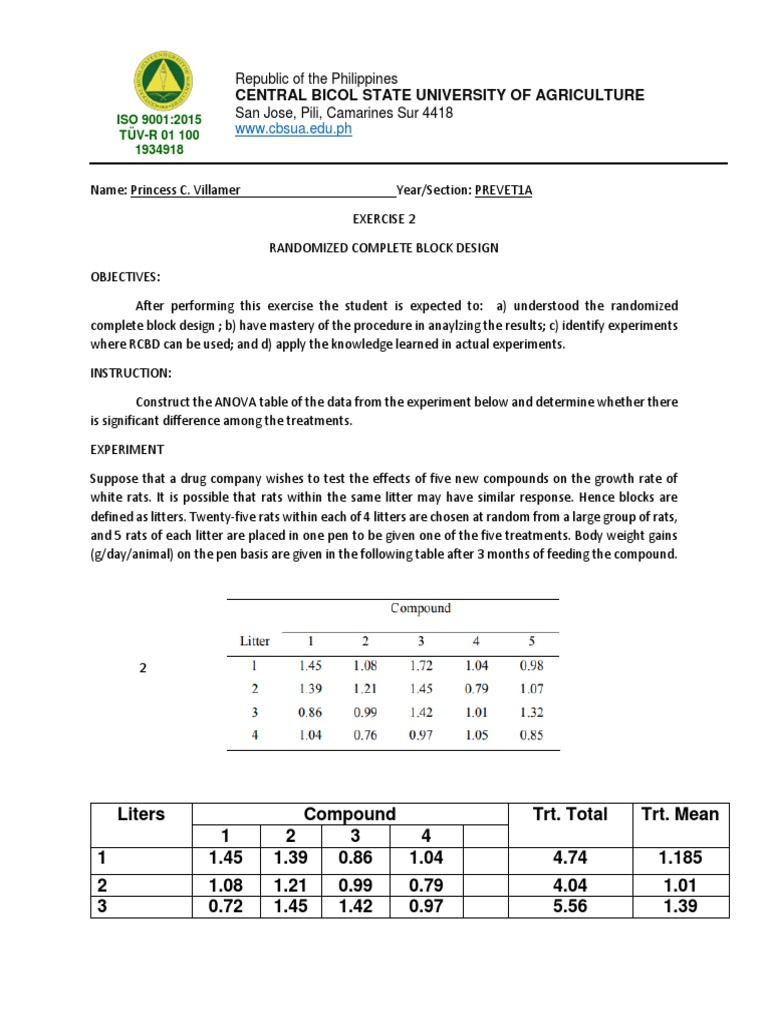 PV1A - VILLAMER - Princess - C - Exercise 2 - RCBD - WEEK 4-5 | PDF | Experiment | P Value