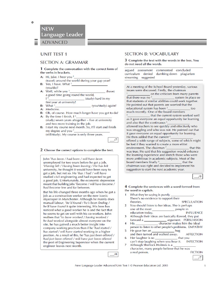 Language Leader Advanced UNITE 1 | PDF | Cognition