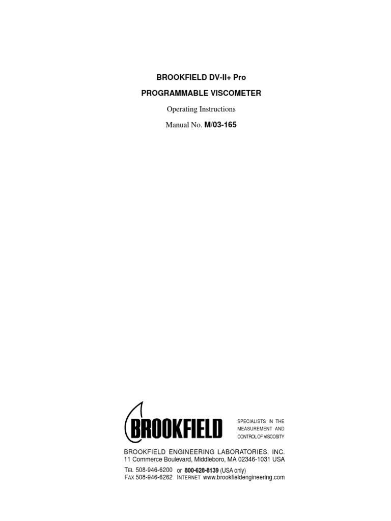 Brookfield Dv-Ii+ Pro Programmable Viscometer: Operating Instructions ...