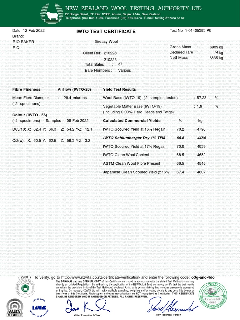 Iwto Test Certificate: Bale Numbers | PDF | Wool Bale | Wool