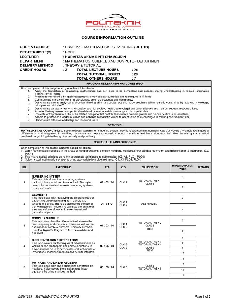 Course Outline DBM 1033 Mathematical Computing | PDF | Complex Number ...