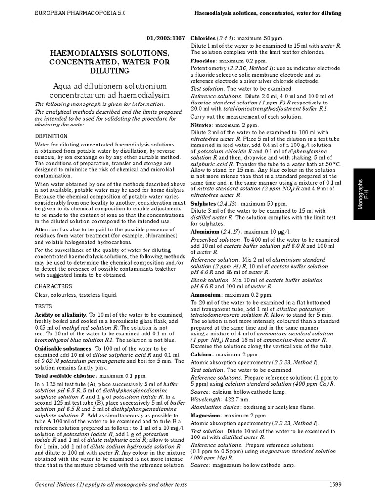 Haemodialysis Solutions, Concentrated, Water For Diluting | PDF