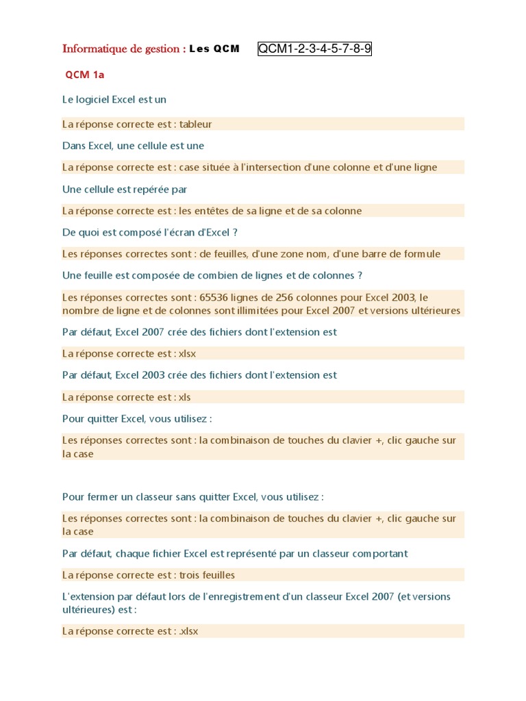 QCM Ig | PDF | Microsoft Excel | Raccourci clavier