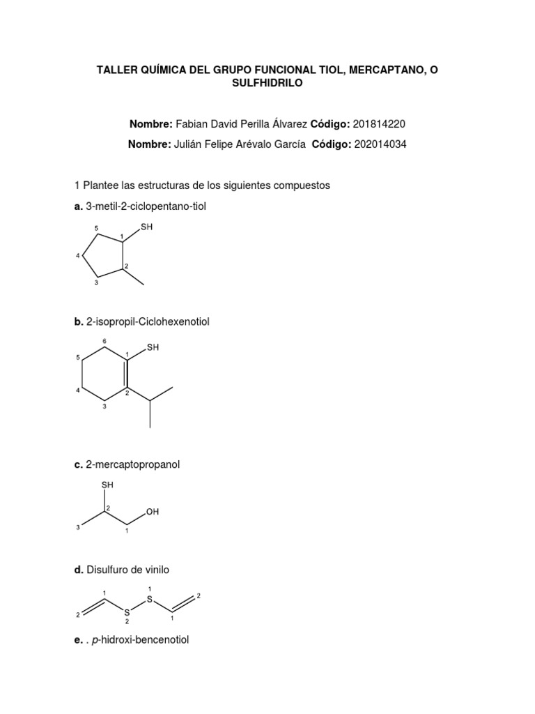 Taller Grupo Funcional Tiol - Julian Arevalo y Fabian Perilla | PDF ...