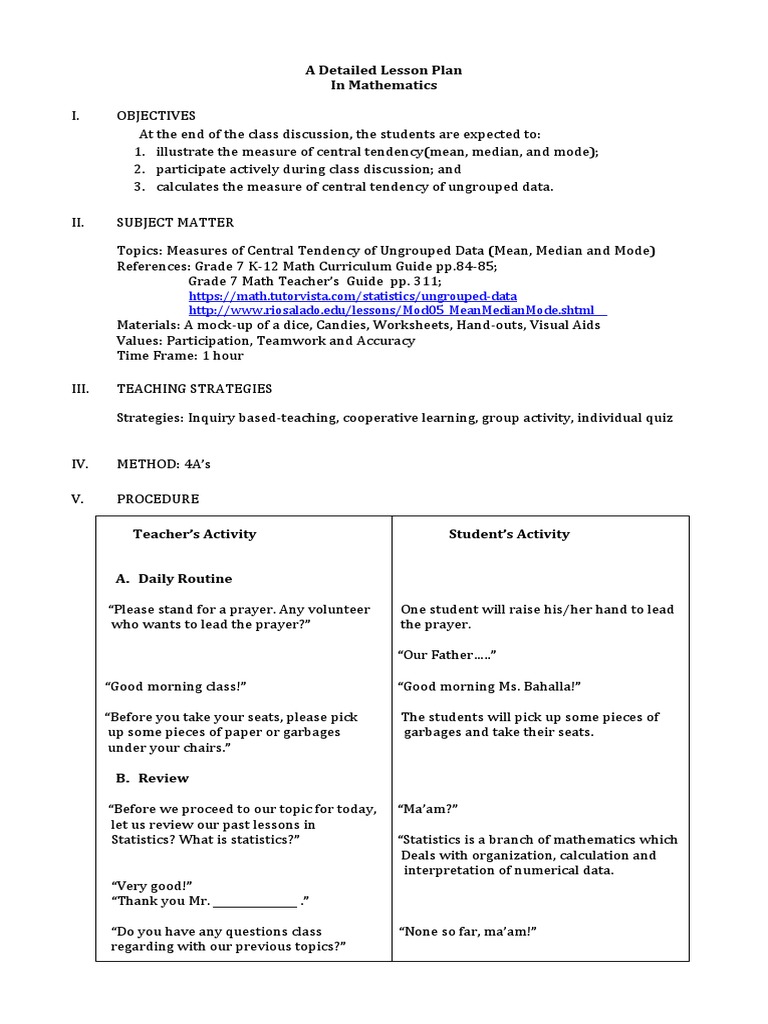 A Detailed Lesson Plan in Mathematics | PDF | Mode (Statistics) | Mean