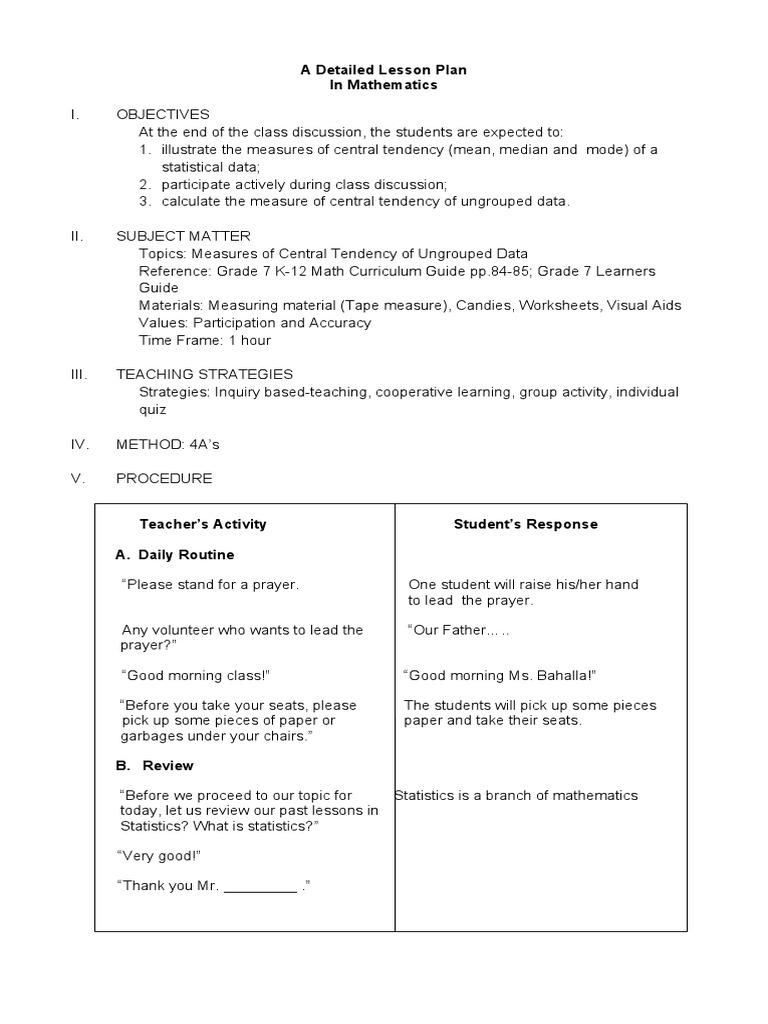 Central Tendency Lesson Plan | PDF | Mean | Lesson Plan