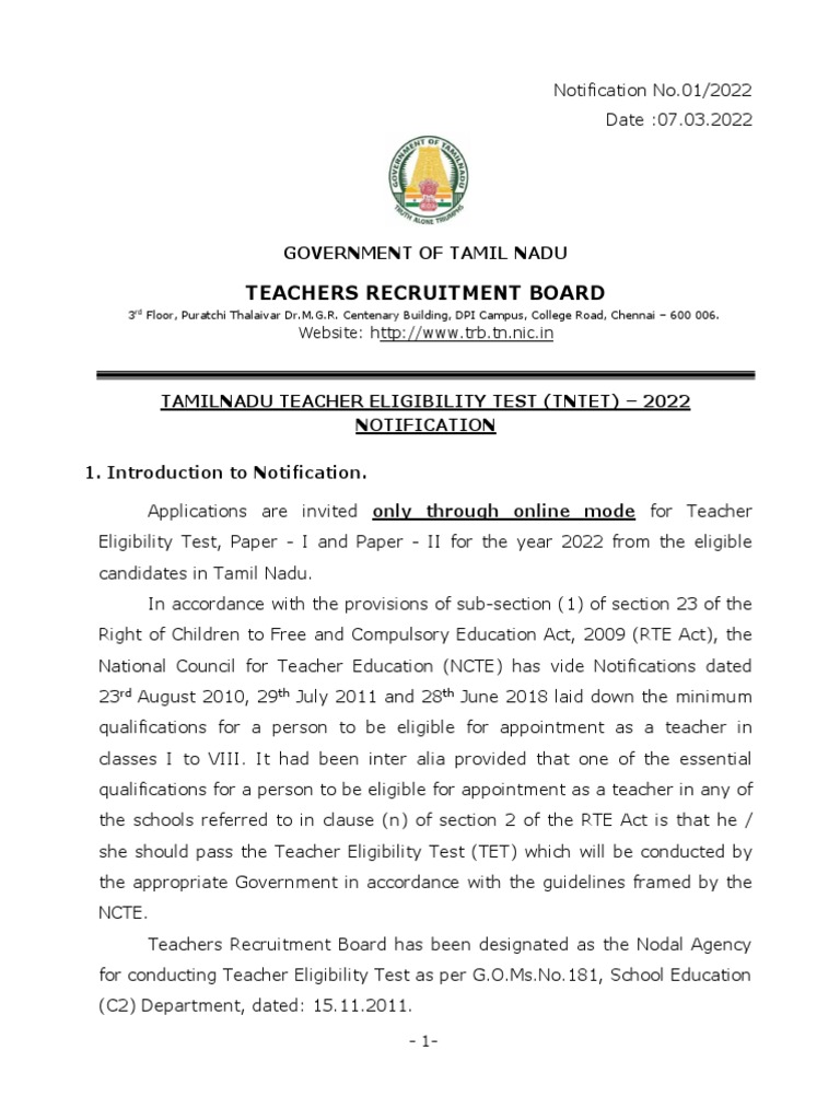 Teachers Recruitment Board: Website: H TTP://WWW - TRB.TN - Nic.in | PDF