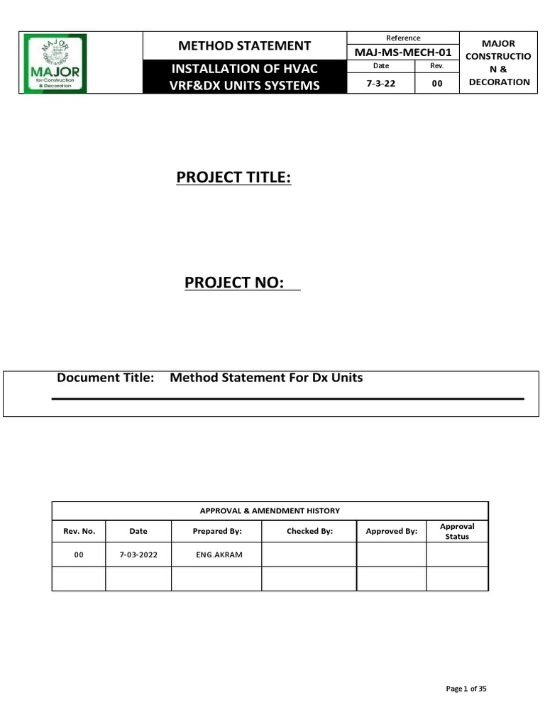 Method Statement For Installation of HVAC VRF & DX Units Systems | PDF ...