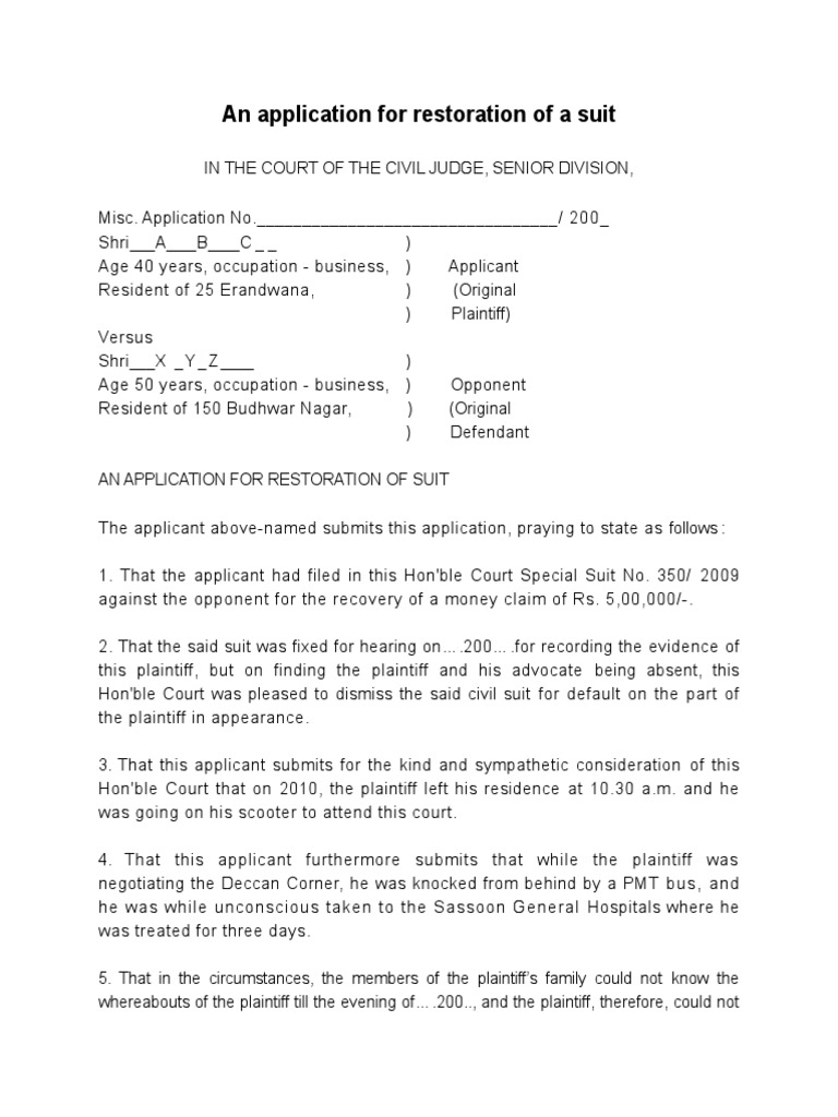 Restoration Application for Civil Suit | PDF | Lawsuit | Judiciaries