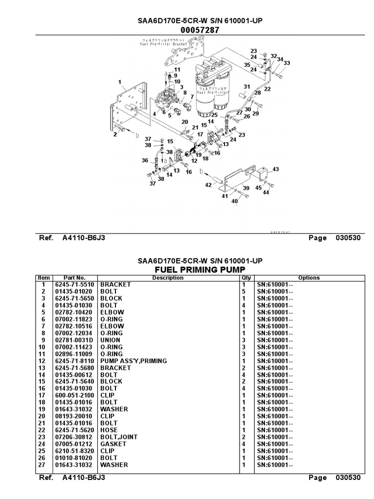 Fuel Priming Pump Parts List and Assembly Drawing for SAA6D170E-5CR-W ...