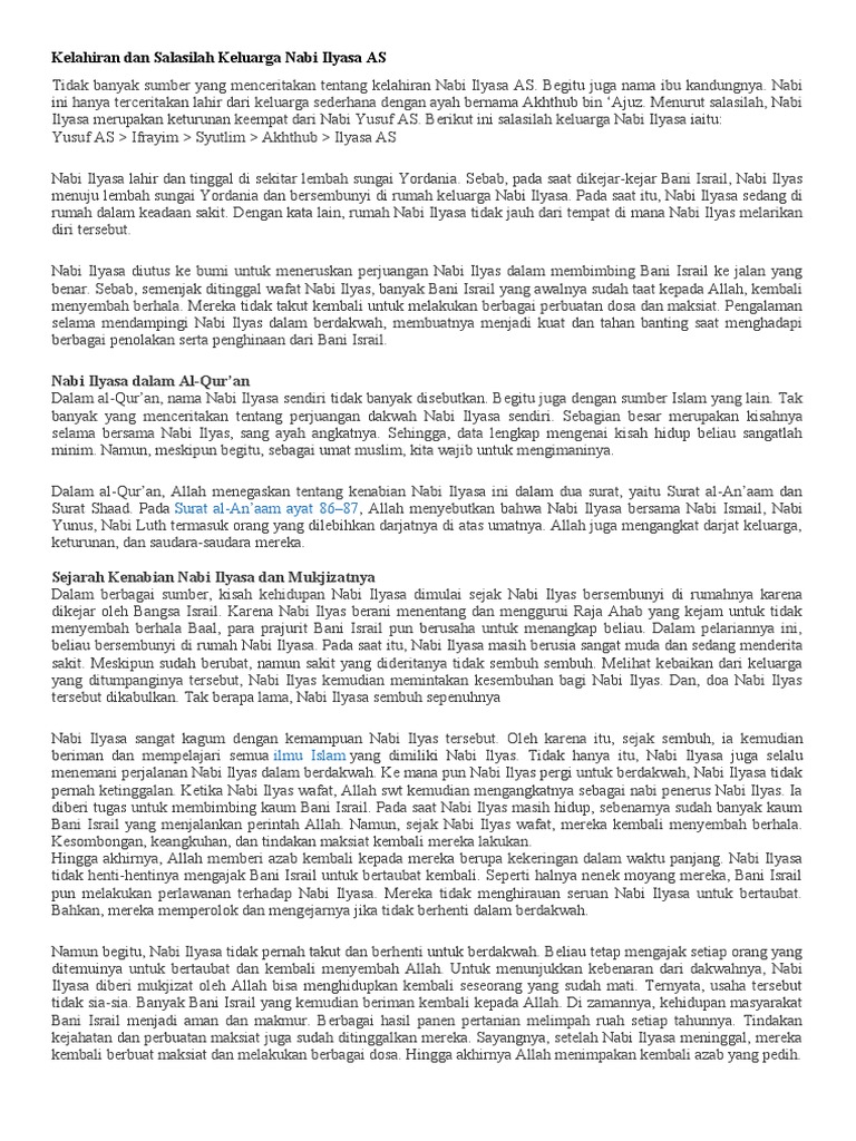 Kelahiran Dan Salasilah Keluarga Nabi Ilyasa AS | PDF
