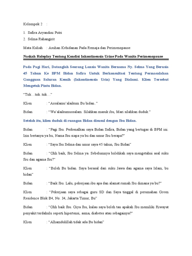 Kel. 2 - Naskah Roleplay Tentang Inkontinensia Urine Wanita ...