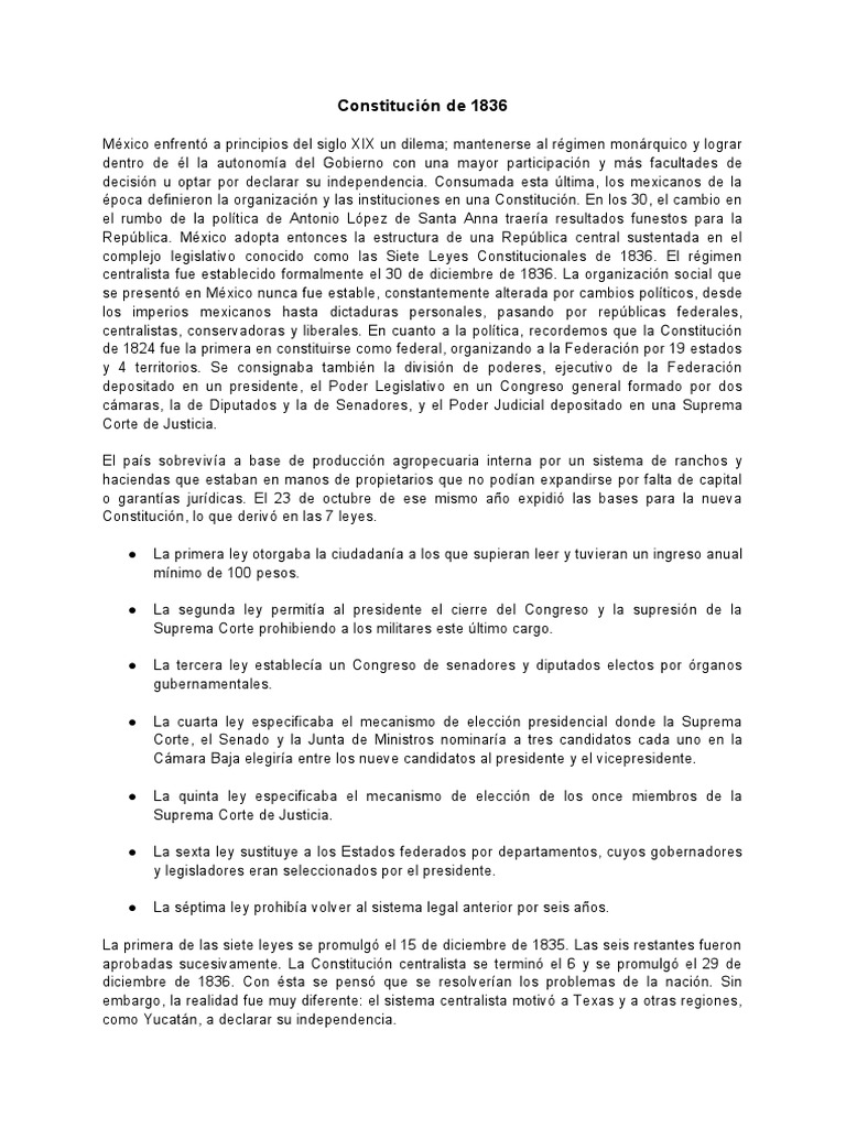 Constitución de 1836 (Resumen) | PDF | Ley constitucional | Ley Pública