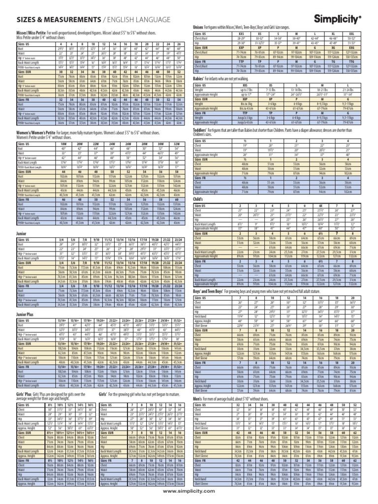 Size Chart Simplicity | PDF