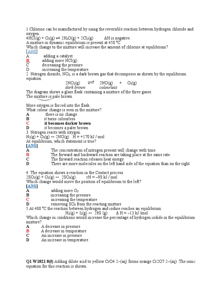 Reversible Reactions Ans | PDF | Chemical Equilibrium | Chemical Reactions