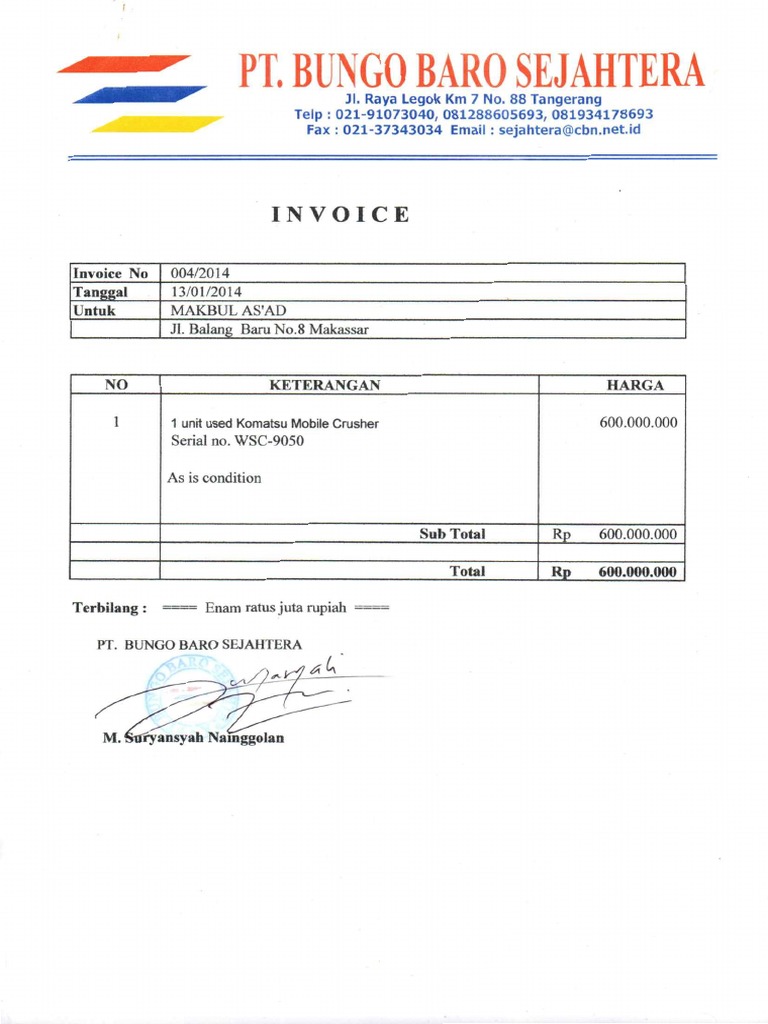 Invoice Komatsu Crusher 600 Juta | PDF
