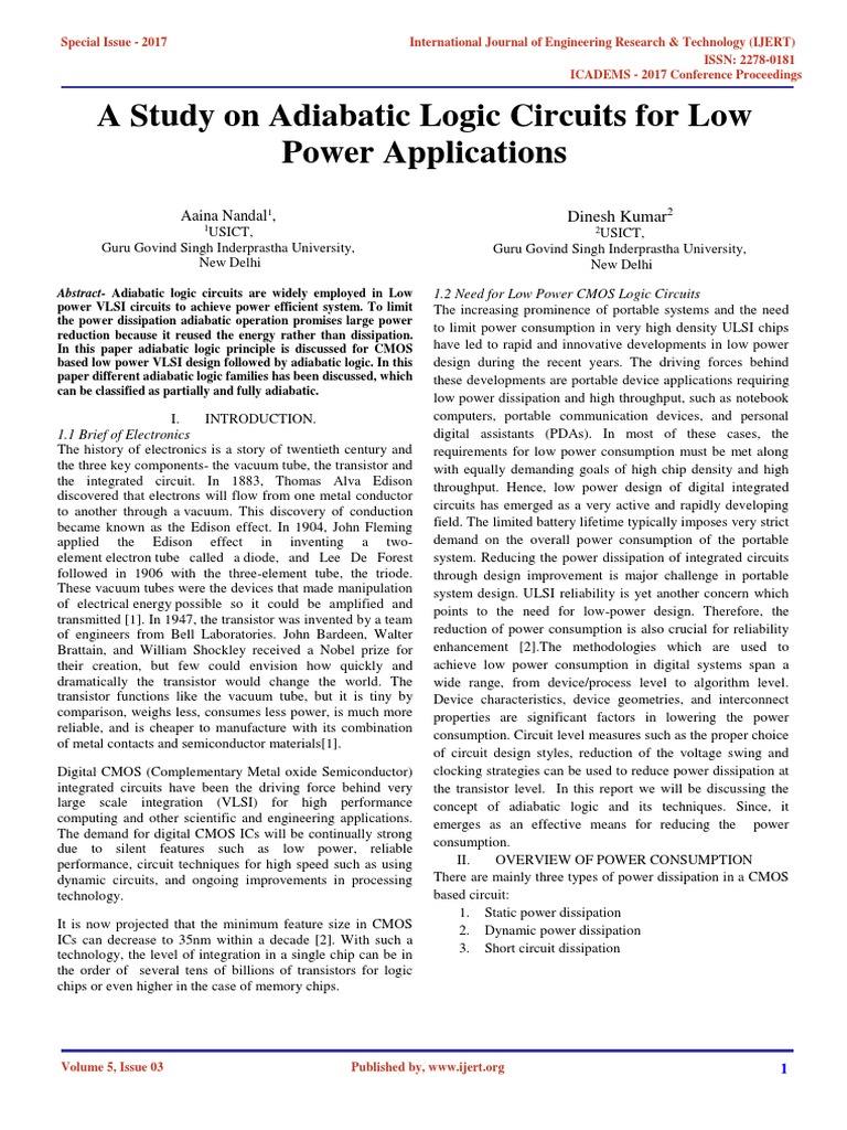 A Study On Adiabatic Logic Circuits For Low Power Applications IJERTCONV5IS03008 | PDF | Logic ...