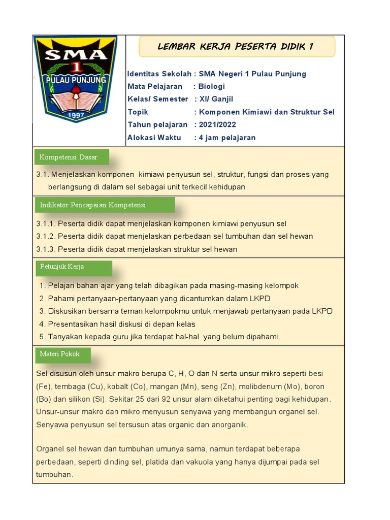 LKPD Sel 1 | PDF | Sains & Matematika