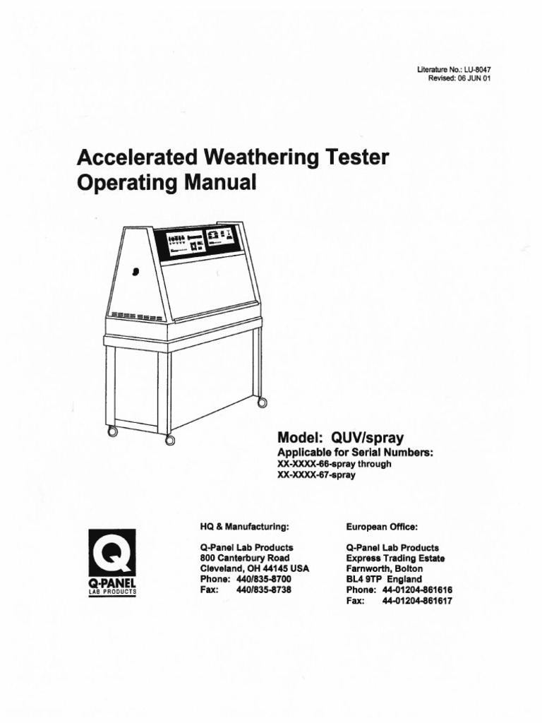 Accelerated Weathering Tester Operating Manual: Model: QUV/spray | PDF ...