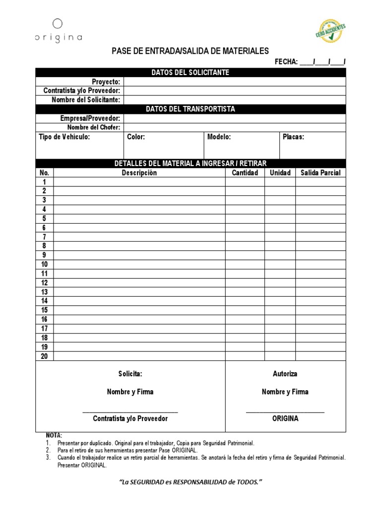 Formato De Pase De Entrada Salida De Materiales Pdf