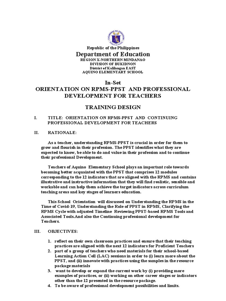 Training Design Inset 2022 | PDF | Teachers | Learning