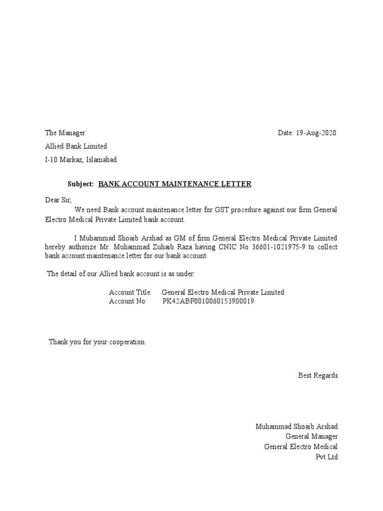 Letter For Bank Maintenance Letter | PDF