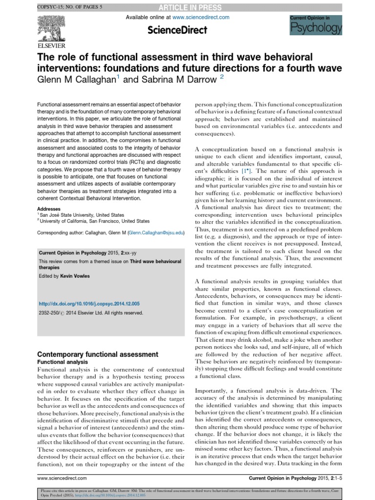 The Role of Functional Assesment in Third Wave Behavioral Interventions ...