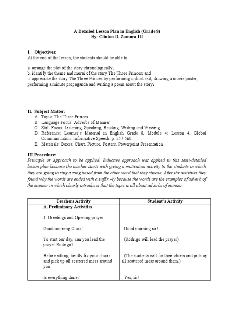 A Detailed Lesson Plan in English | PDF | Lesson Plan | English Language