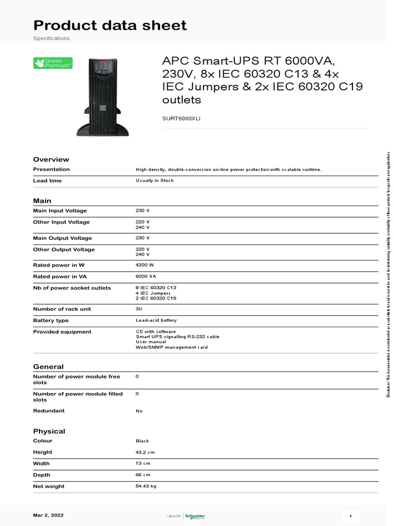 Product Data Sheet: APC Smart-UPS RT 6000VA, 230V, 8x IEC 60320 C13 ...