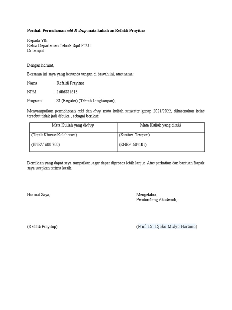 Surat Permohonan Add Dan Drop Refaldi | PDF