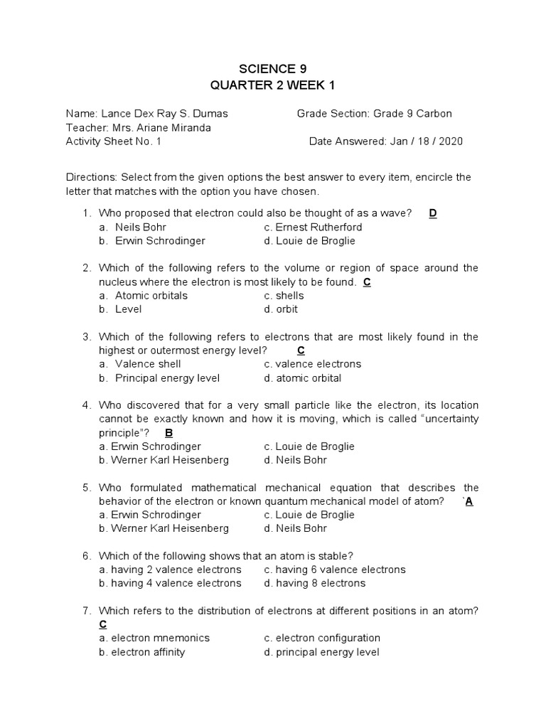 Science 9 Quarter 2 Week 1 | PDF | Electron Configuration | Atomic Orbital