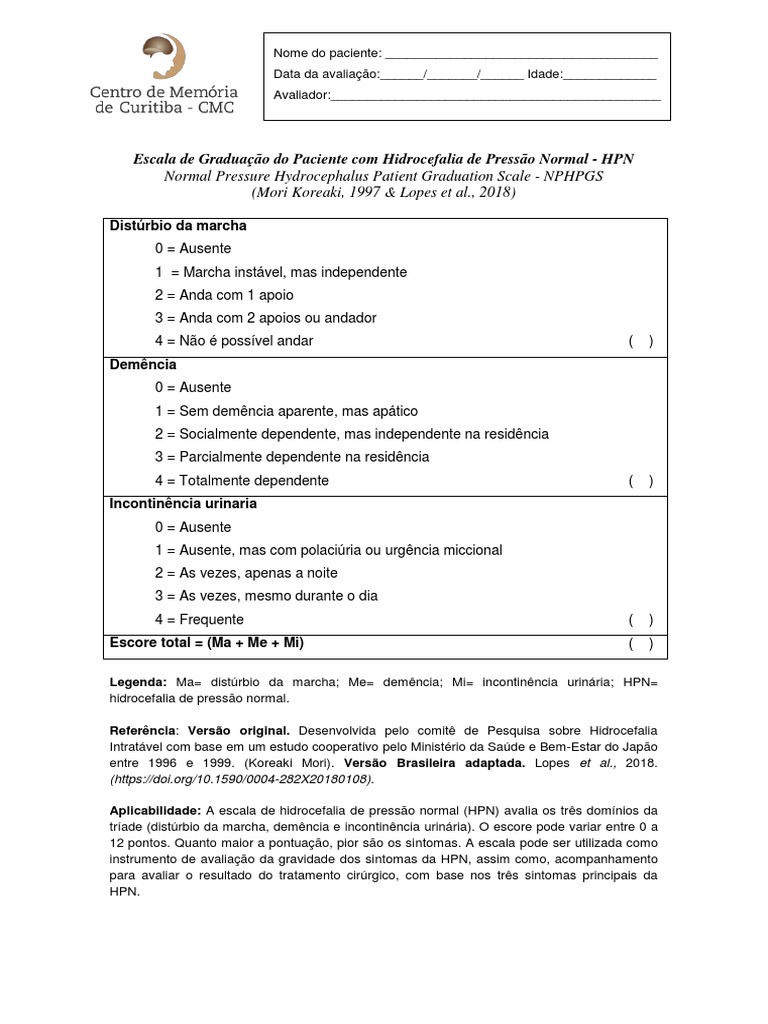 Escala de Graduação do Paciente com Hidrocefalia de Pressão Normal ...