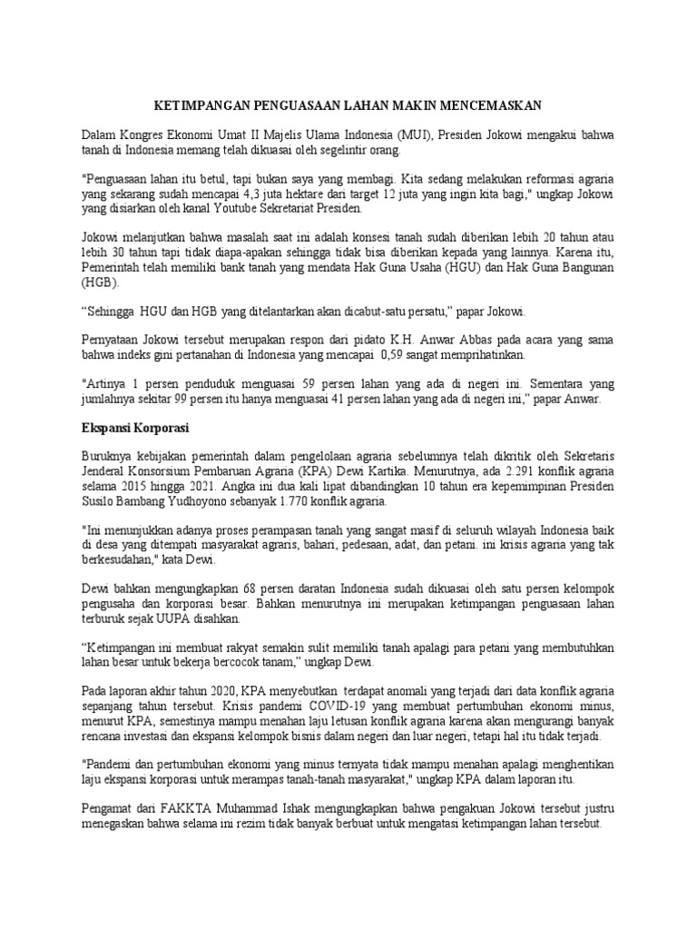 Ketimpangan Penguasaan Lahan Makin Buruk | PDF