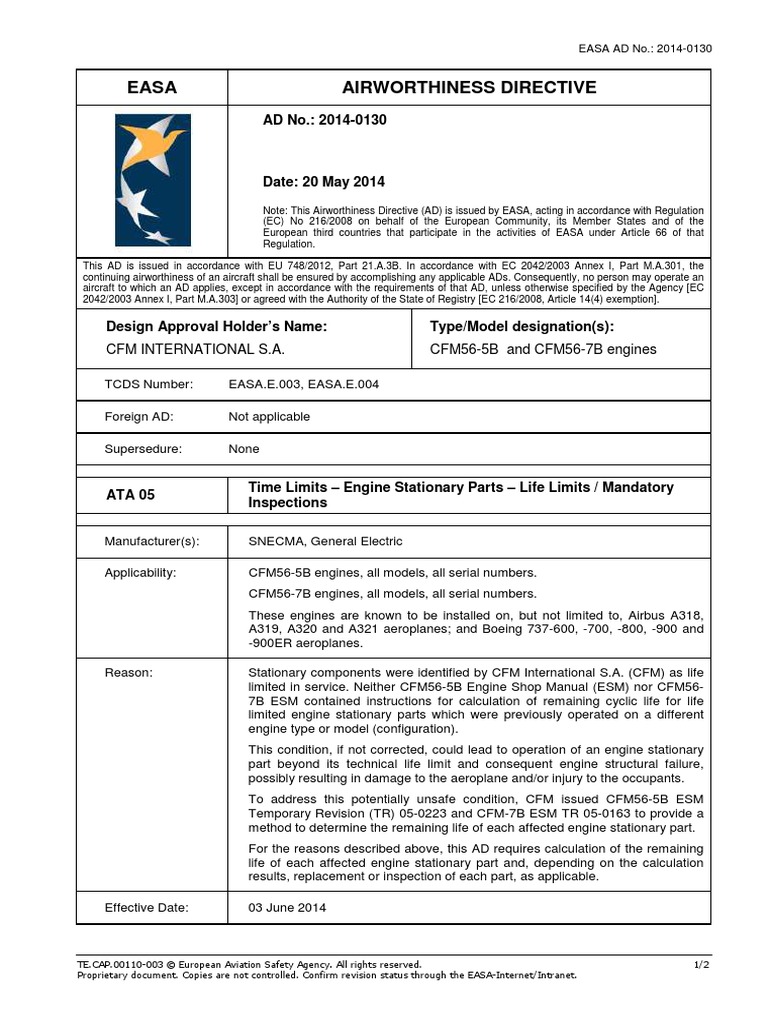 Easa Ad 2014-0130 1 | PDF