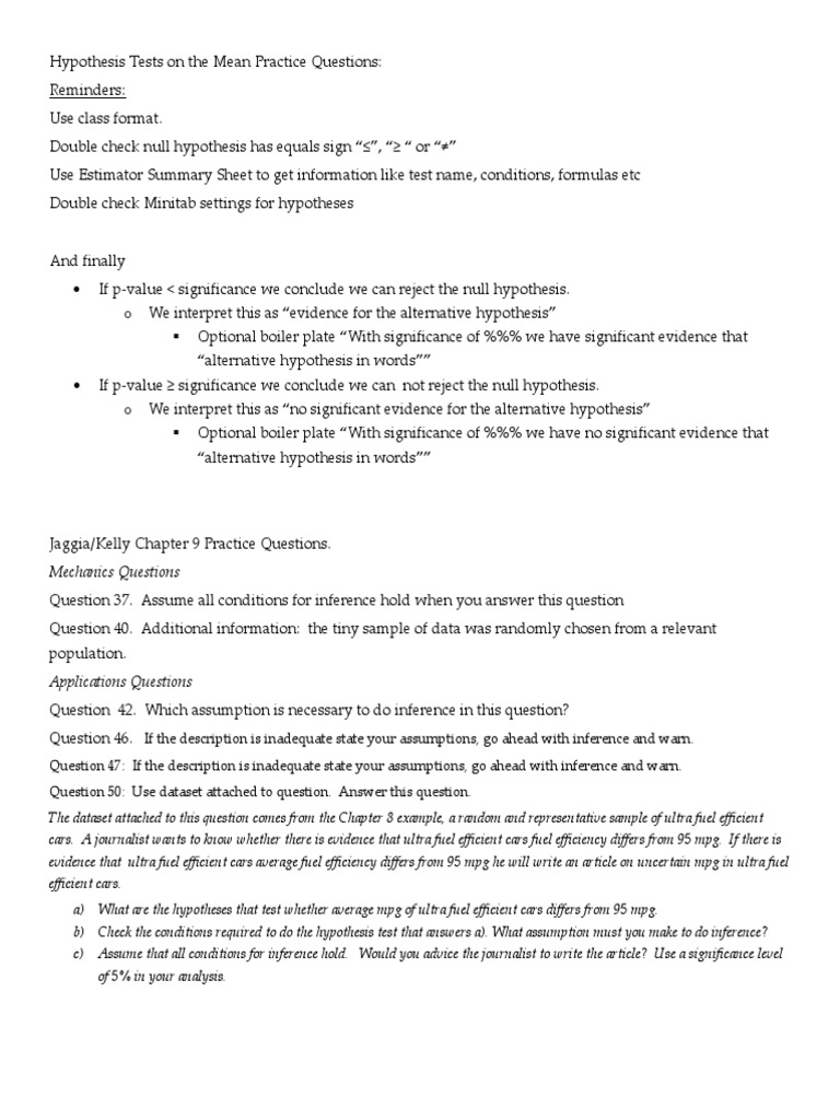 Practice Problems Hypothesis Tests Means Using Minitab | PDF | P Value ...