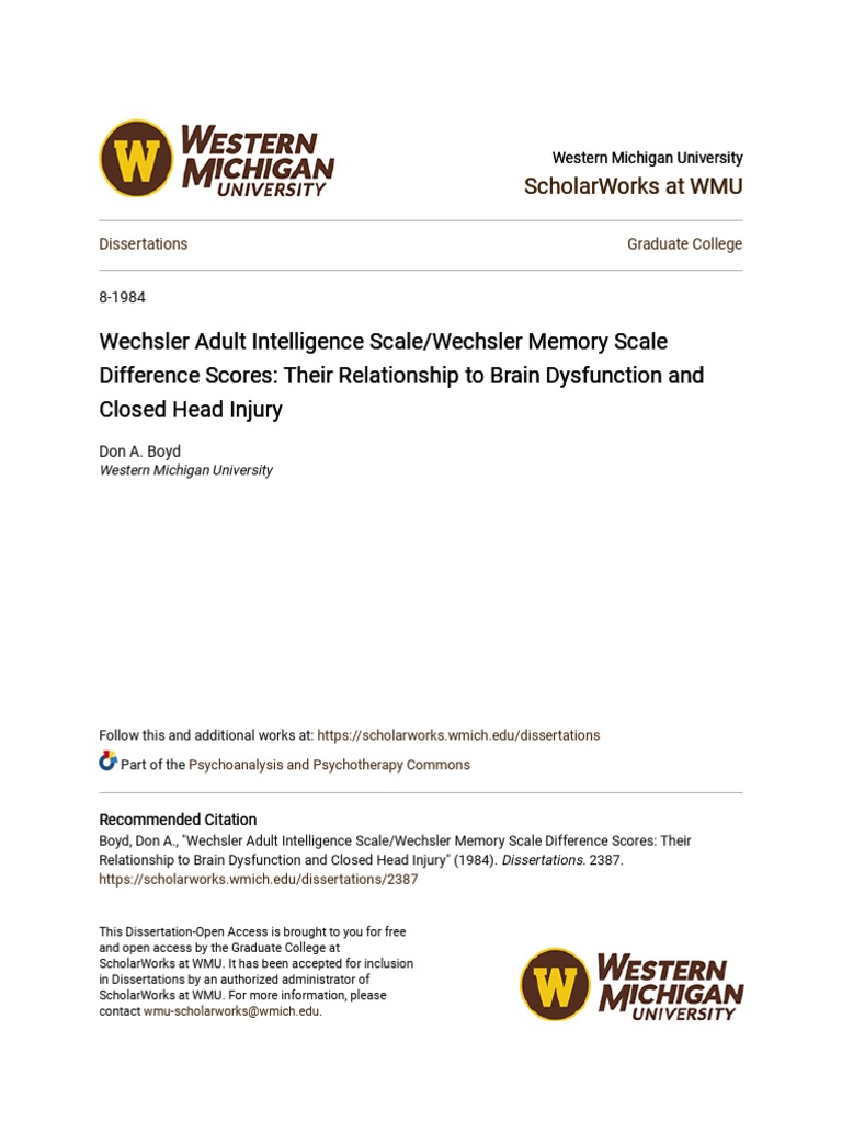 Wechsler Adult Intelligence Scale Wechsler Memory Scale Differenc
