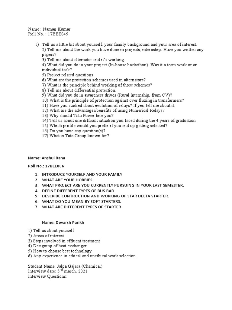 Tata Power Interview Questions | PDF