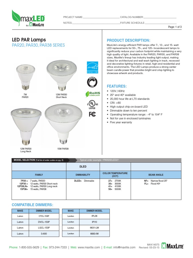 Led Par Lamps: Par20, Par30, Par38 Series | PDF | Lighting ...