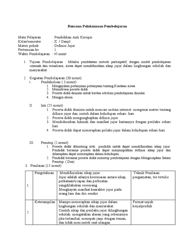 RPP Jujur X | PDF | Karier & Perkembangan | Seni