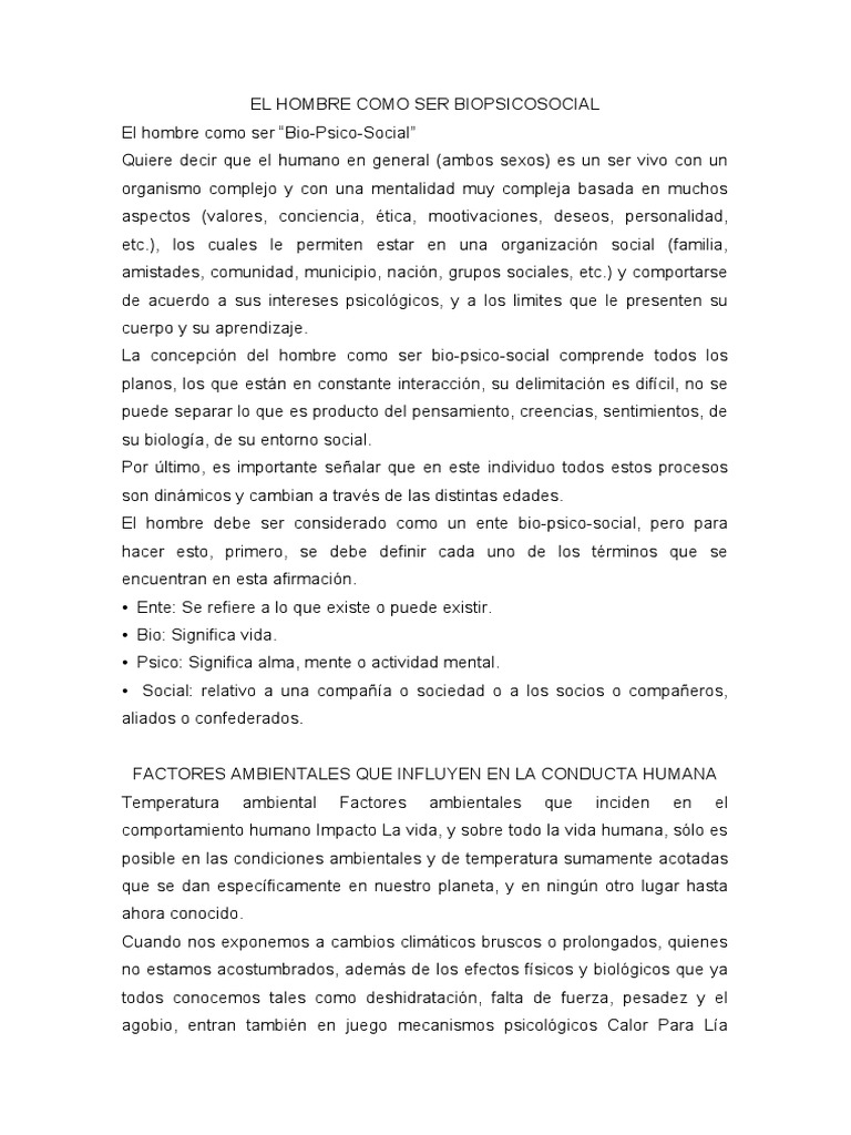 El Hombre como Ser Bio-Psico-Social | PDF | Comportamiento | Socialización