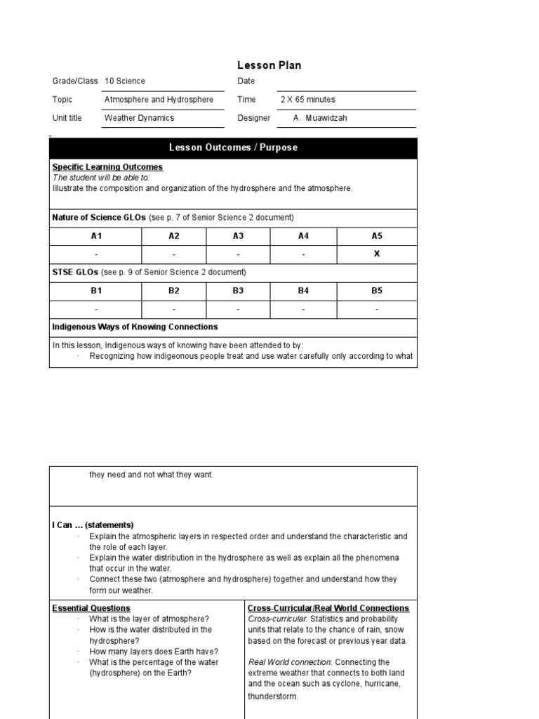 Hydrosphere and Atmosphere Lesson Plan | PDF | Atmosphere Of Earth ...